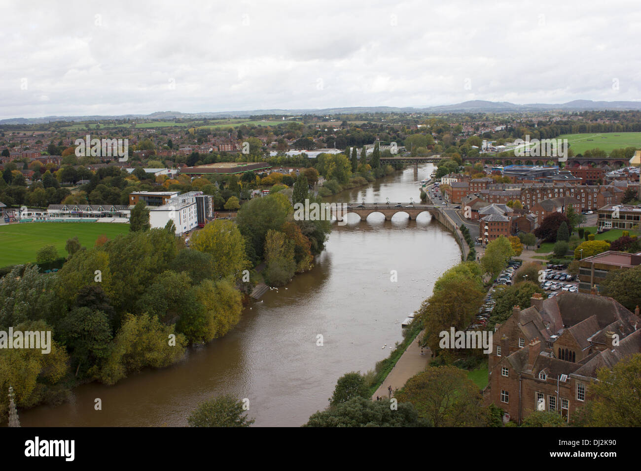 View from the Worcester Cathedral tower looking towards the River ...