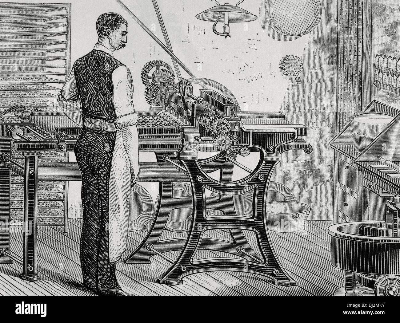 History of medicine. Machinery. cartoning pills. Engraving. 19th ...