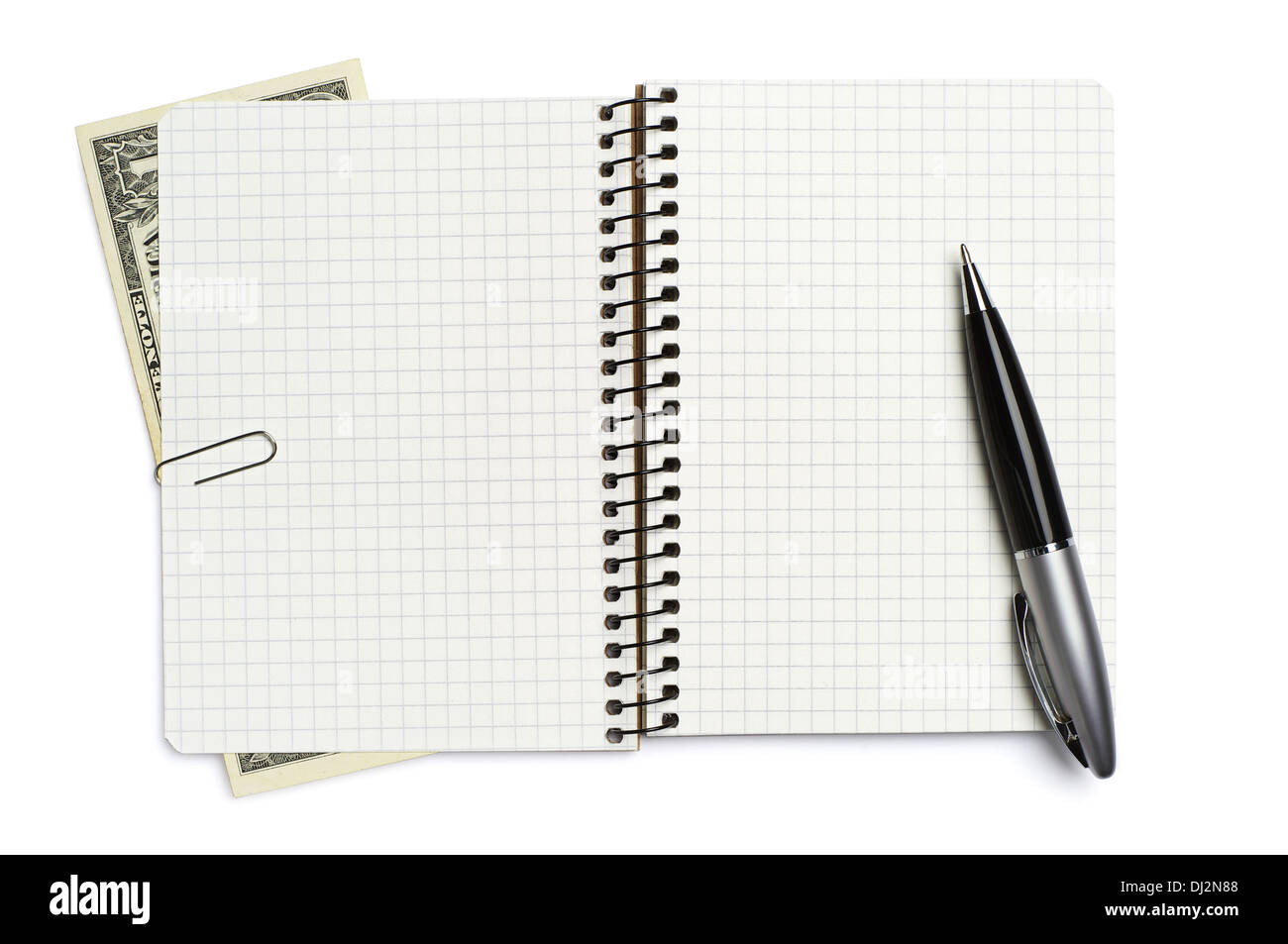 Opened notepad, pen and dollar on white background Stock Photo - Alamy