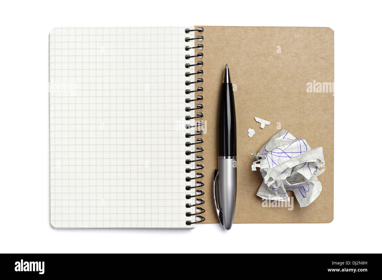 Opened notepad, pen and crumpled paper on white background Stock Photo ...