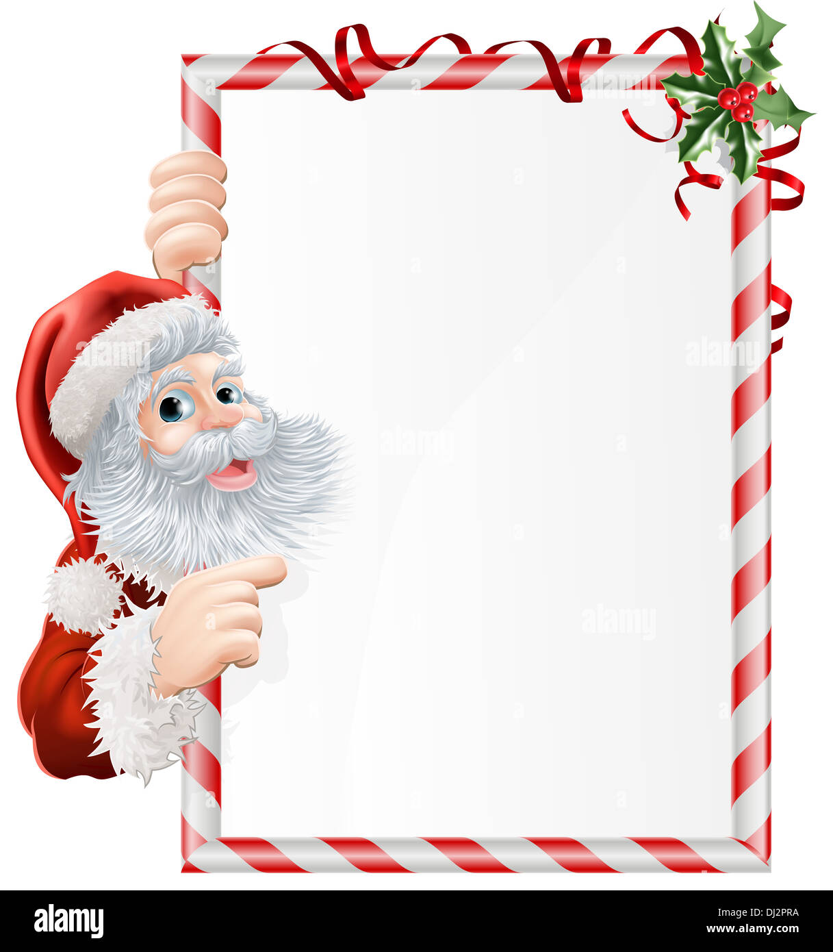 Cartoon Santa pointing at at Christmas sign decorated with sprigs of ...