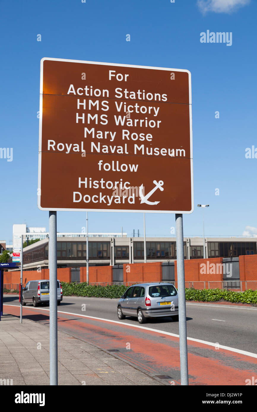 Tourist sign for naval historic ships and museums at Portsmouth Stock ...