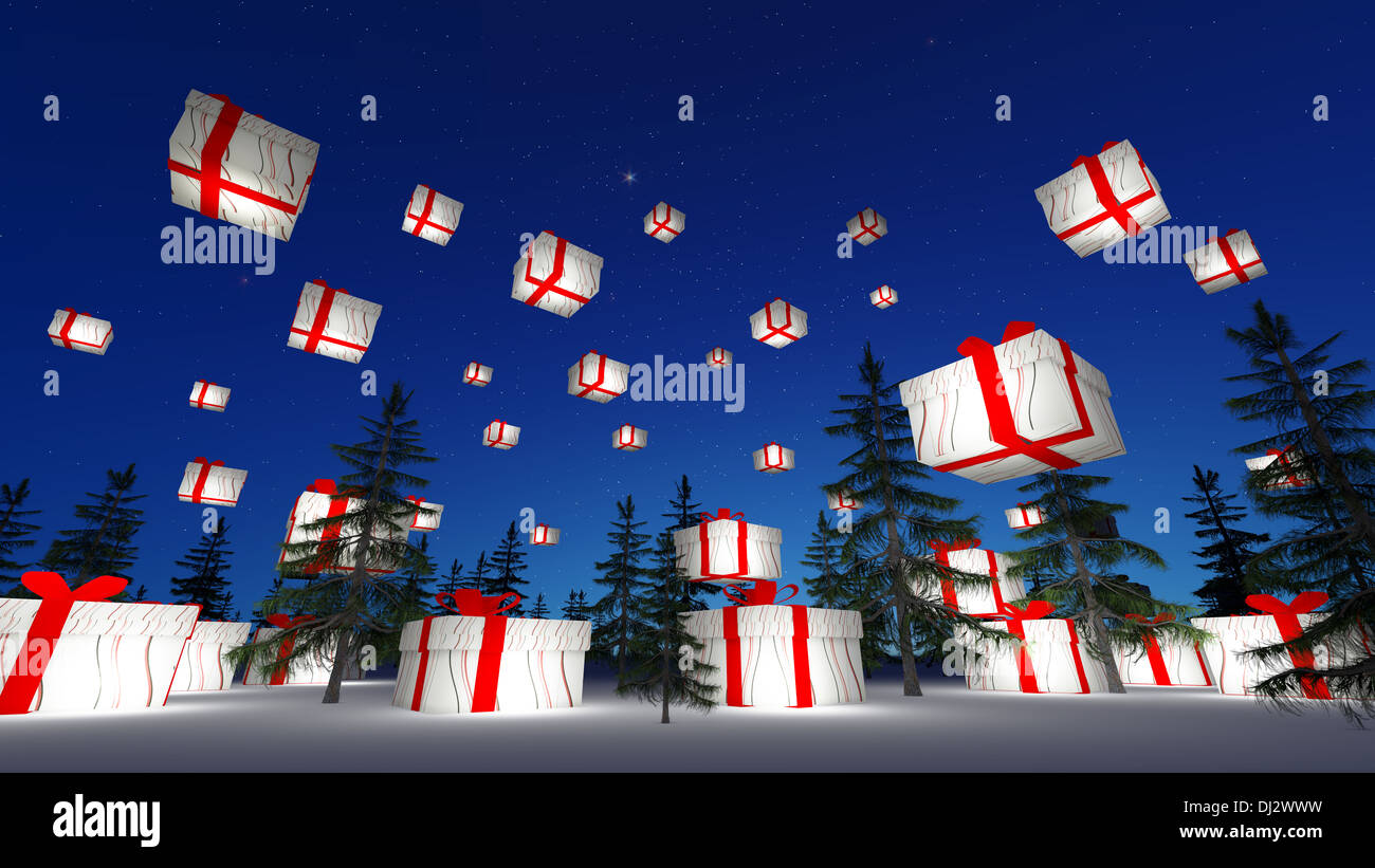 Gift box is floating lantern over the North Pole Stock Photo - Alamy