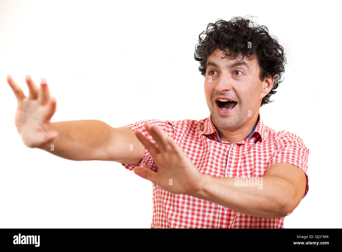 Man looking looking surprised or scared, isolated on white background ...