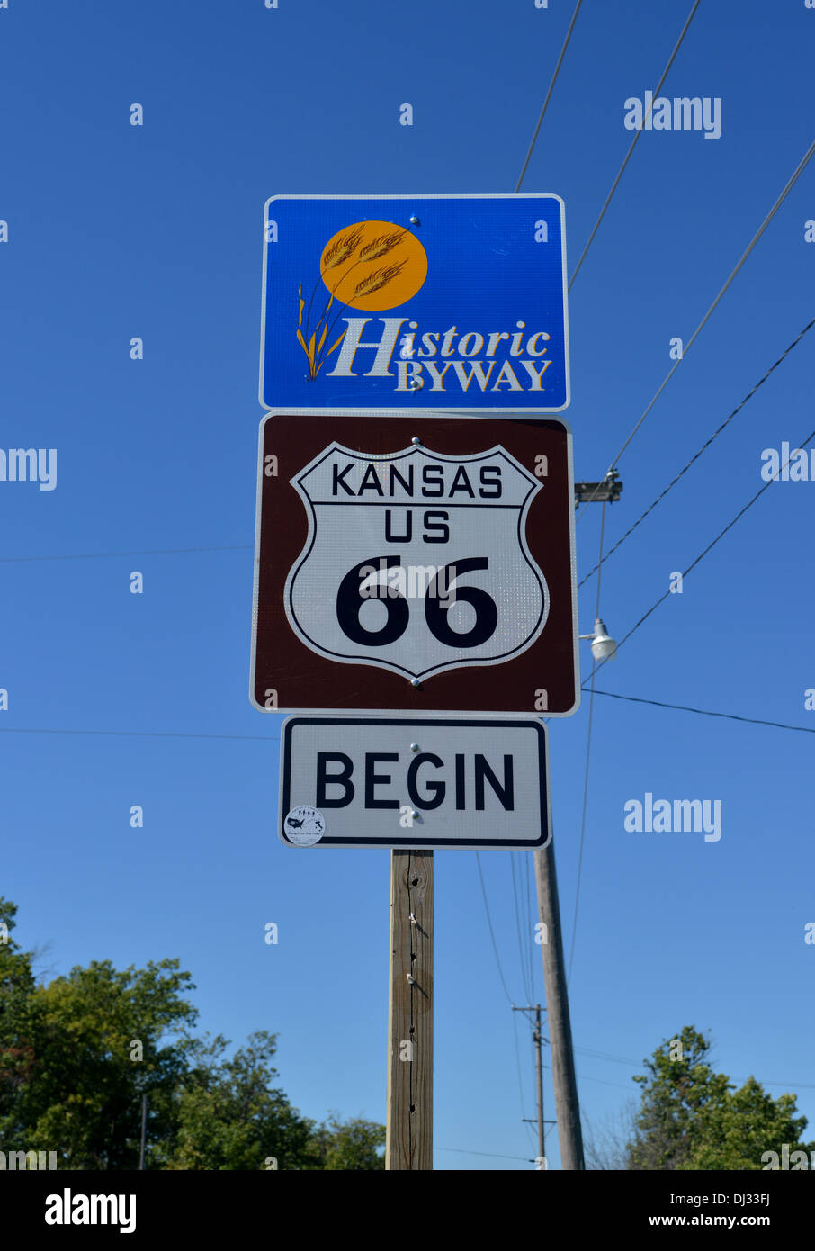 Route 66 historic byway sign at the start of the Kansas section of road ...