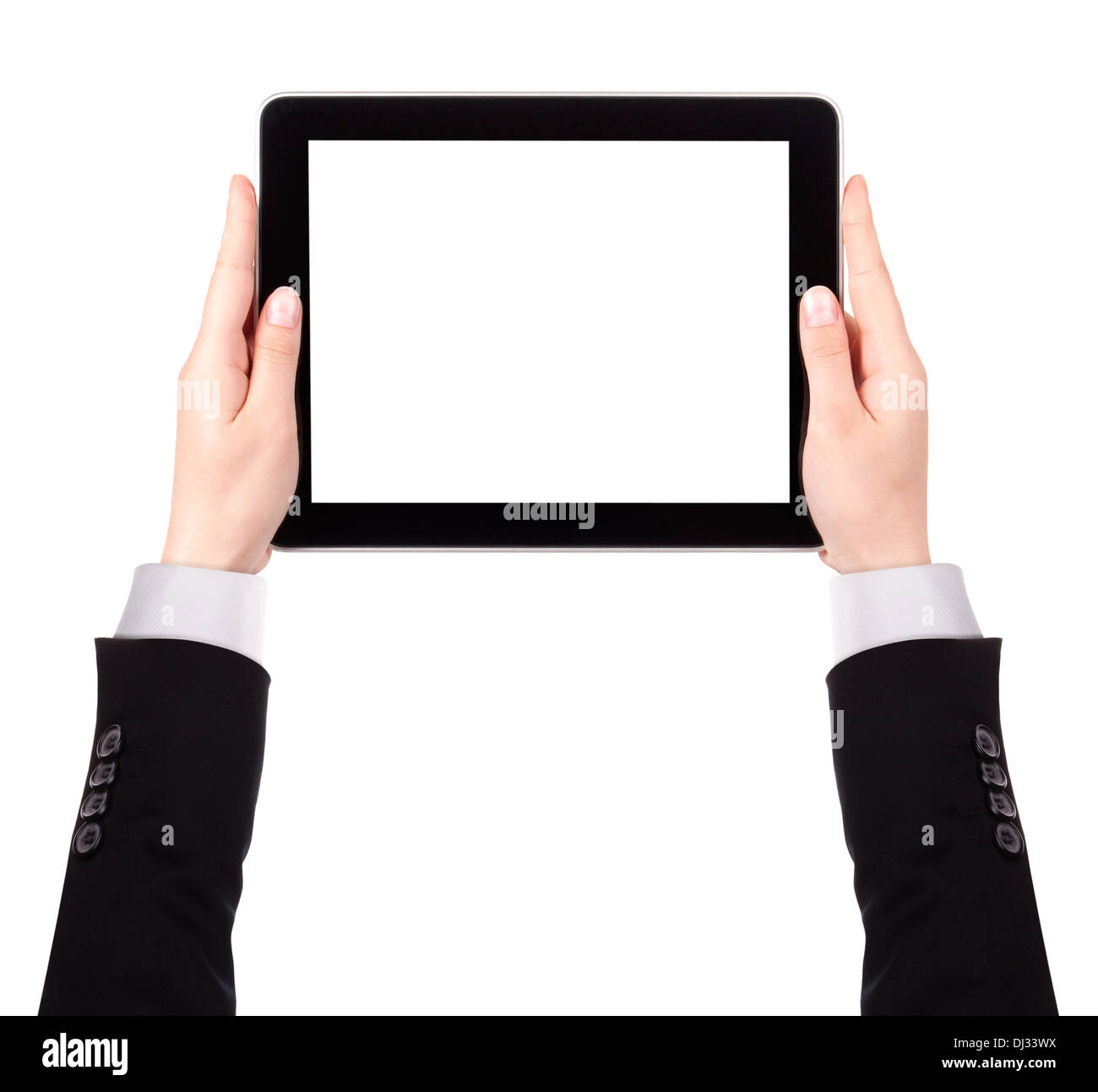 Touch screen tablet computer with blank screen and Businessman hand ...