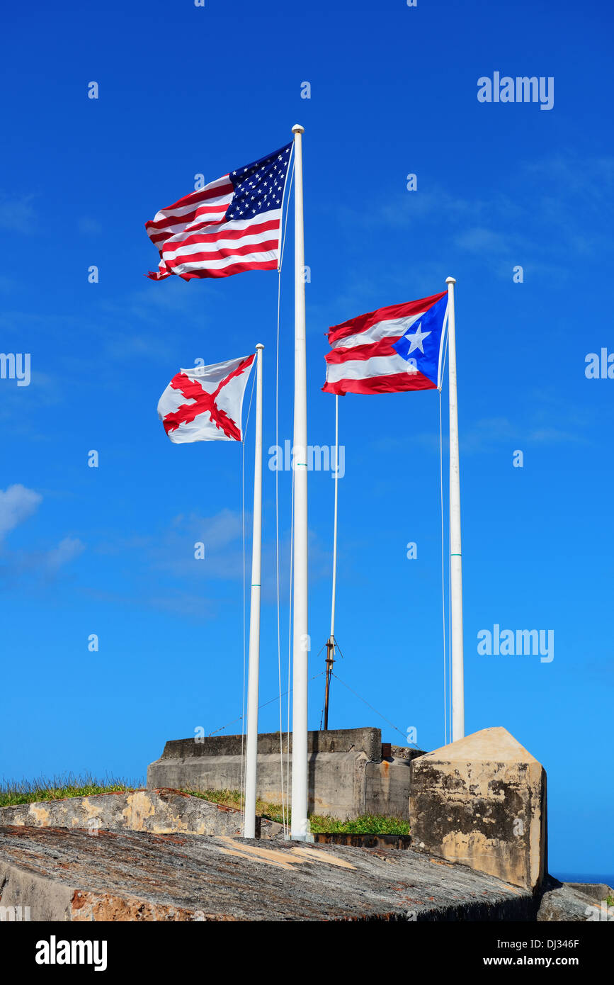 Puerto Rico state, US national and San Juan city flag fly with blue sky ...