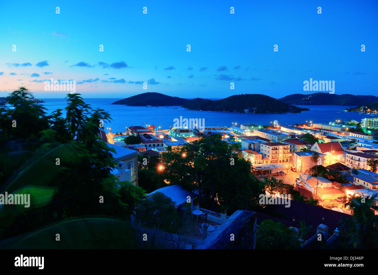 Virgin Islands St Thomas mountain view in early morning with buildings ...