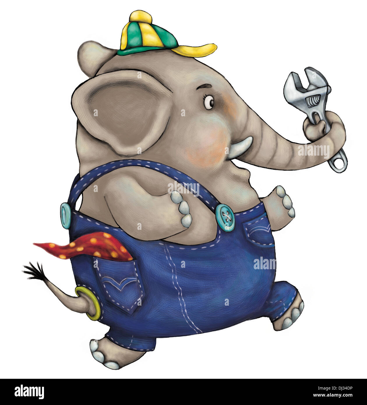 Illustration of mechanic elephant holding adjustable wrench while ...