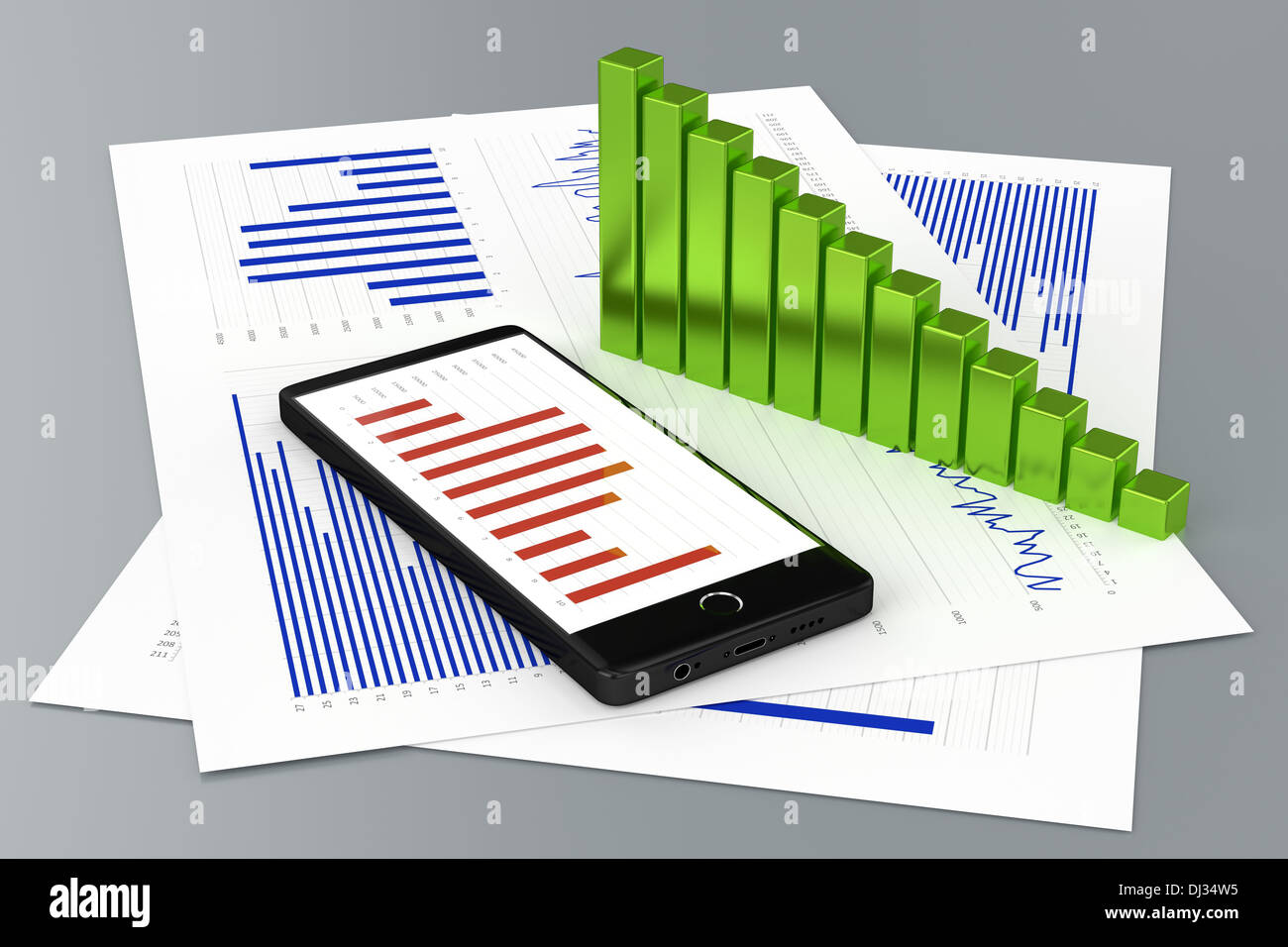 Statistics and Smartphone (with Sheets and Bar Graph Stock Photo - Alamy
