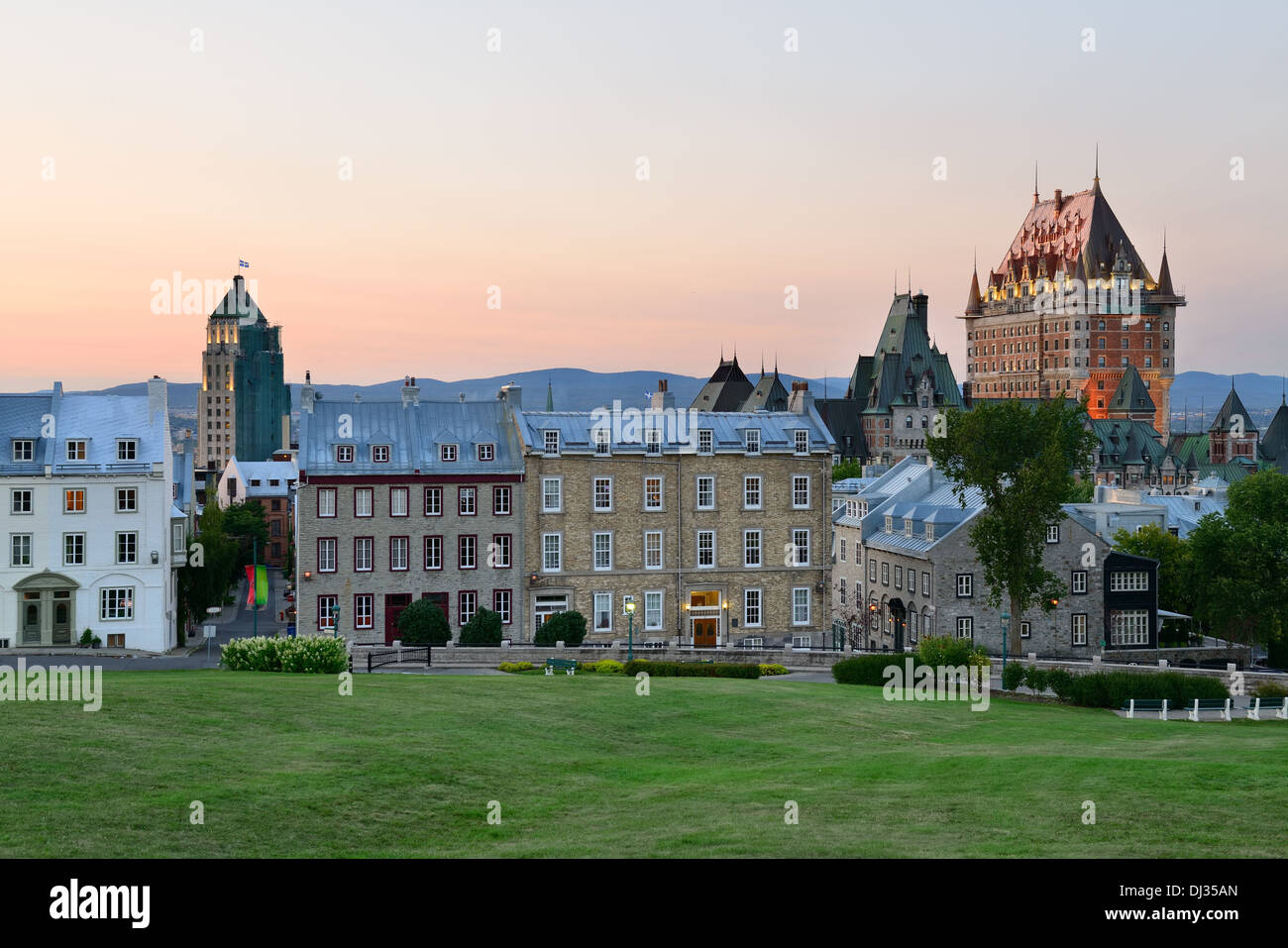 Quebec City skyline with Chateau Frontenac at sunset viewed from hill ...