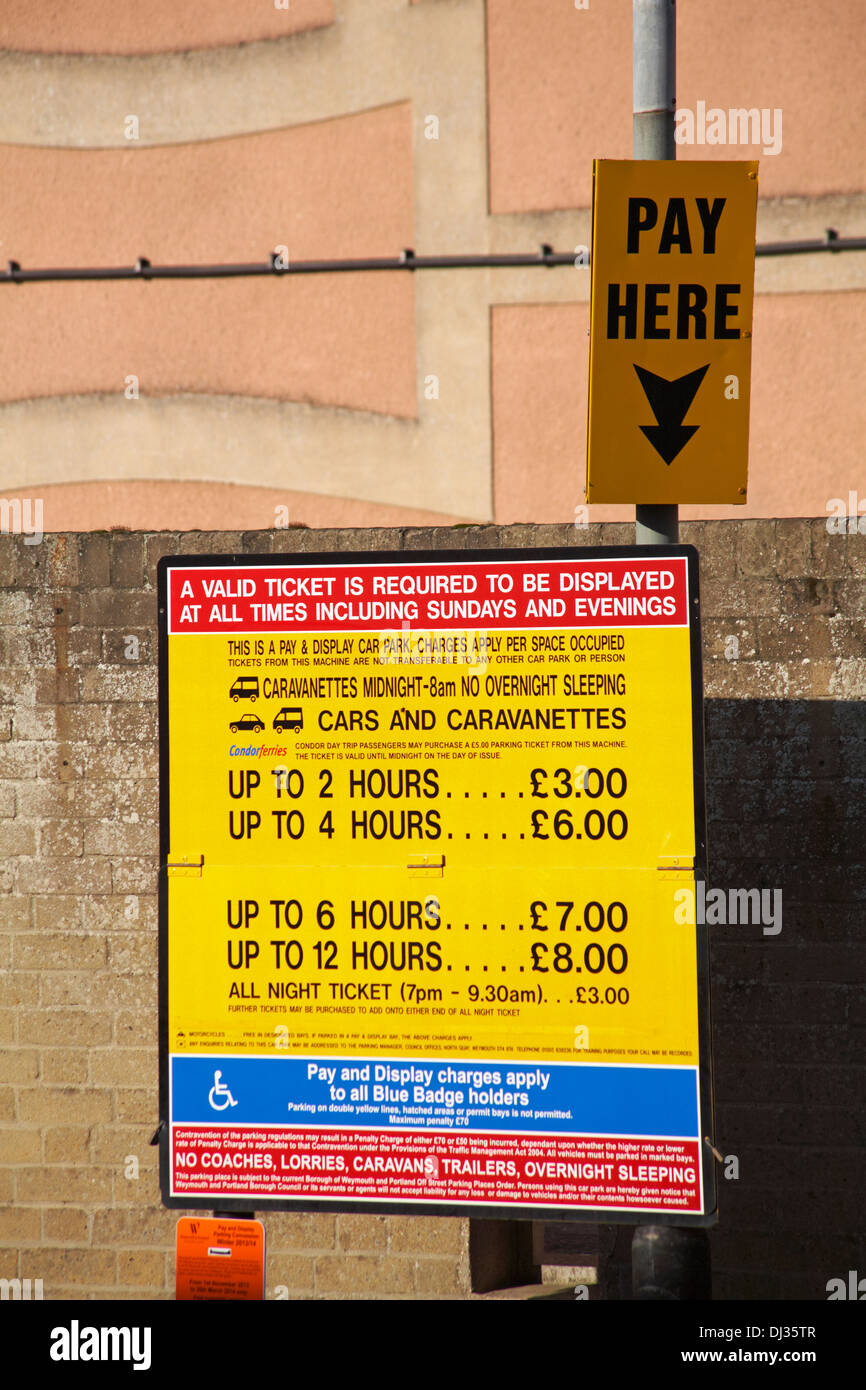 Pay Here car park sign with details of parking charges at Weymouth ...