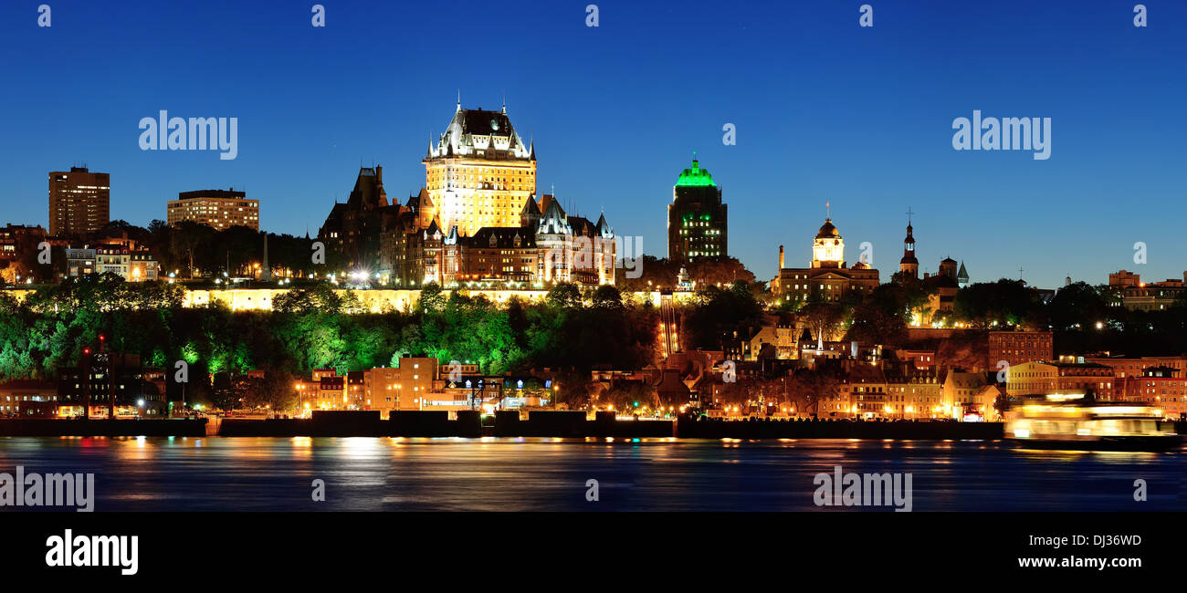 Quebec City skyline panorama at dusk over river viewed from Levis Stock ...