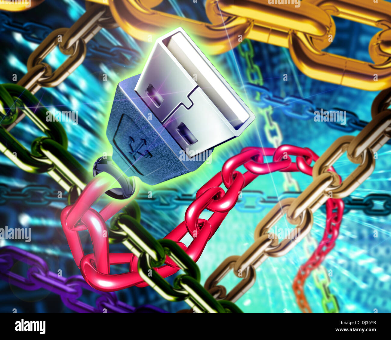 Illustration of USB cable attached with chain representing dependency ...