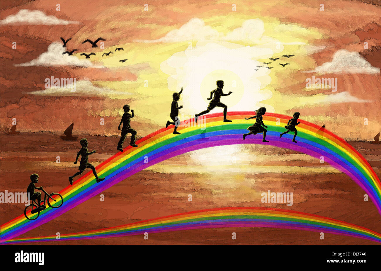 Illustration of kids running on rainbow representing fun Stock Photo ...
