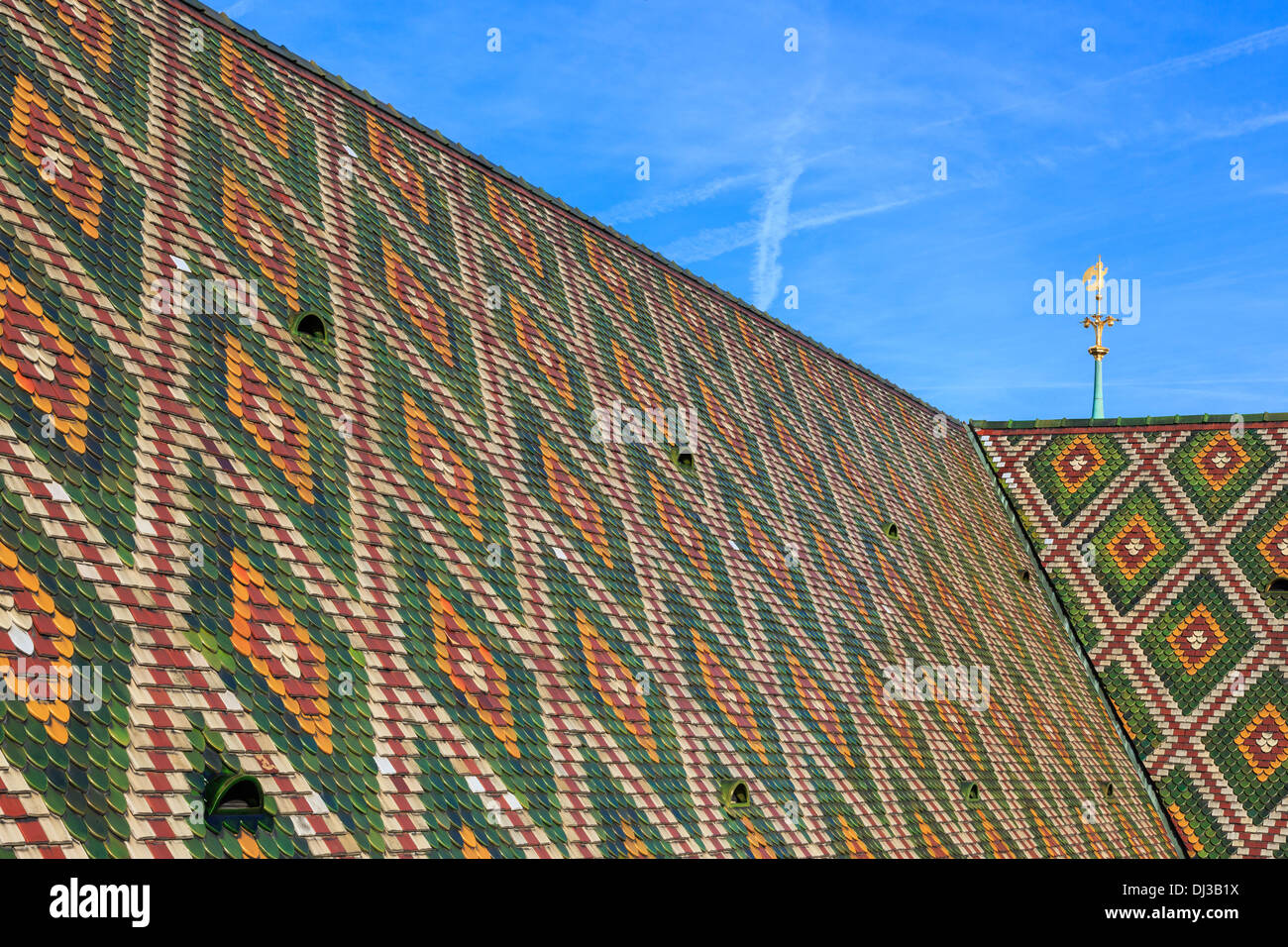 A photograph of the green, red, and yellow roof tiles of the Basel ...