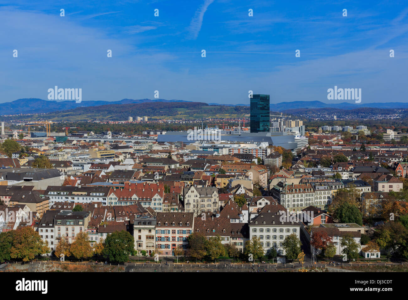 A photograph of the skyline of Basel, Switzerland. Taken at the start ...