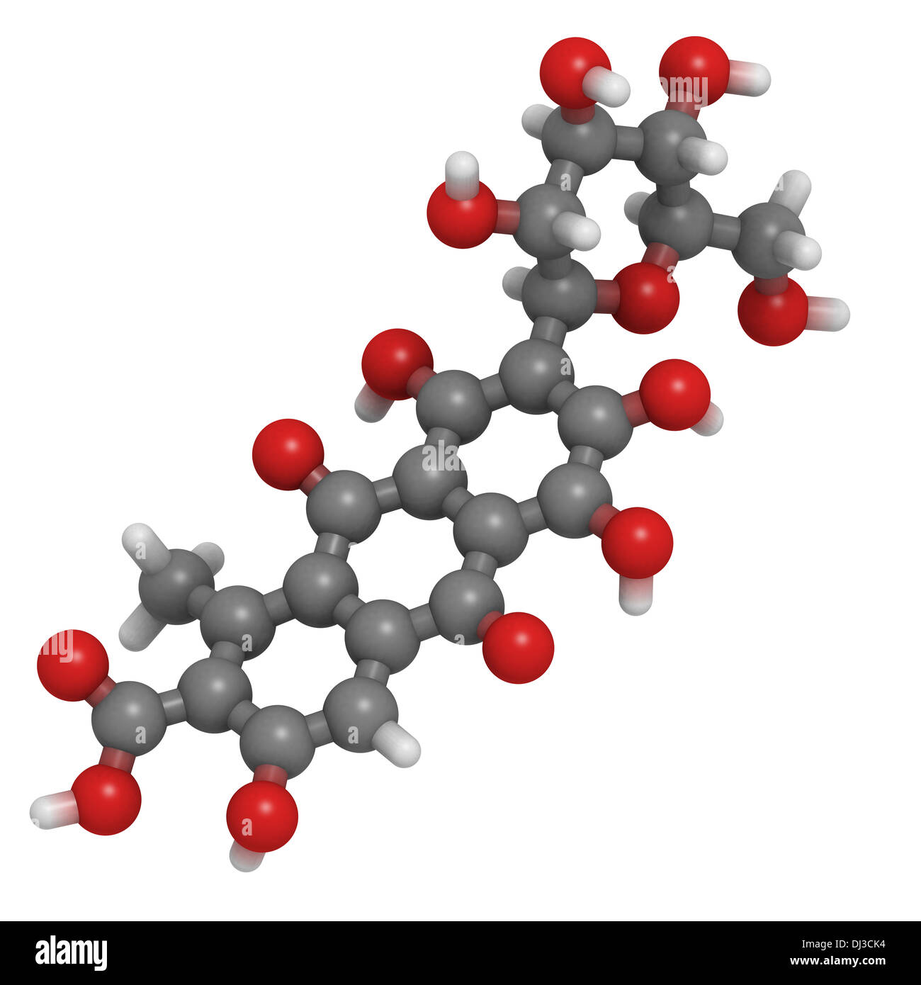 Carminic acid molecule. Crimson pigment found in cochineal. Atoms are ...