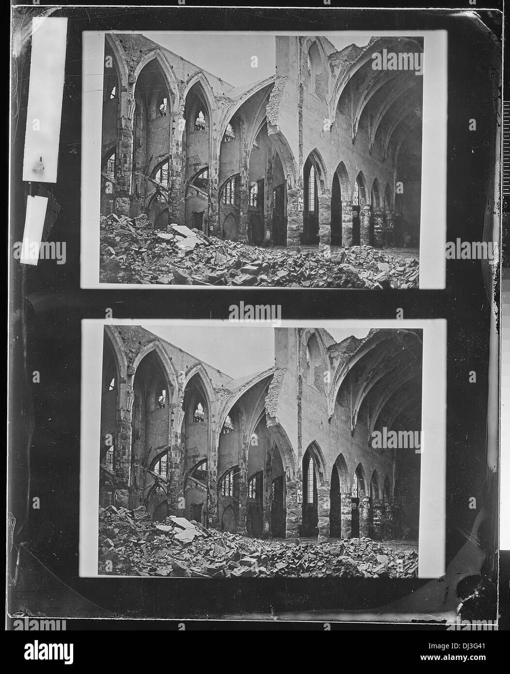 The photograph shows the ruins of Strasburg Church, a structure likely ...