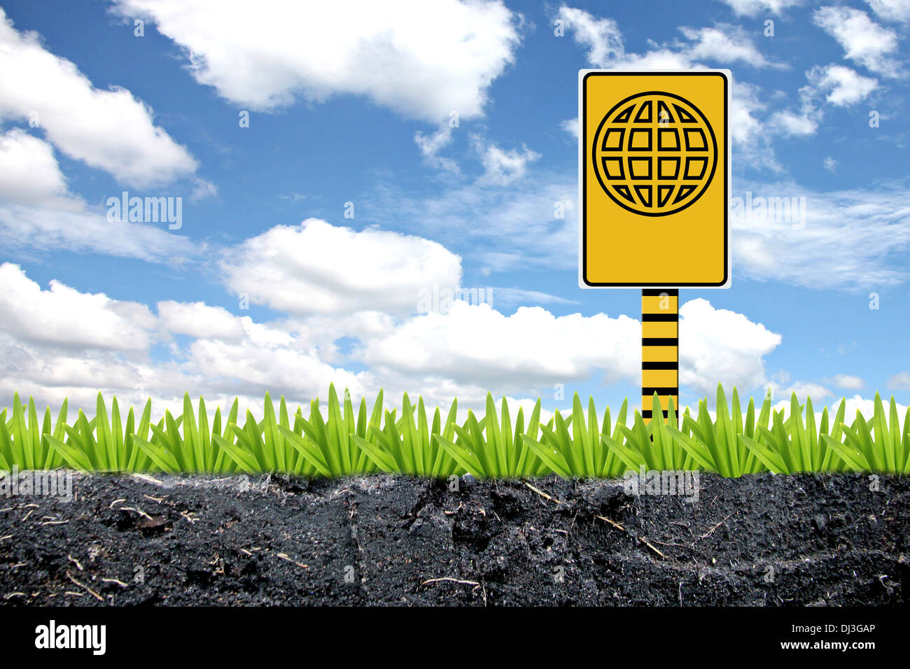 Yellow label with emblem world stuck on blue sky Stock Photo - Alamy
