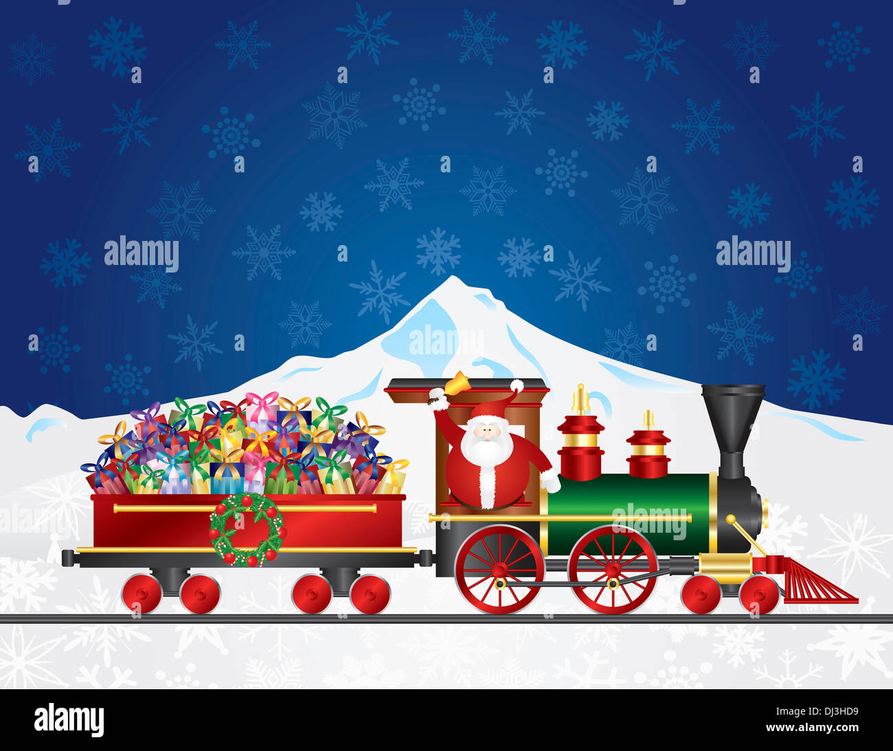 Santa Claus Ringing Bell on Train Delivering Wrapped Presents Traveling ...