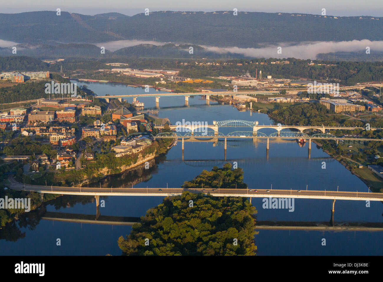 Aerial view of the river front in Chattanooga, including the four ...