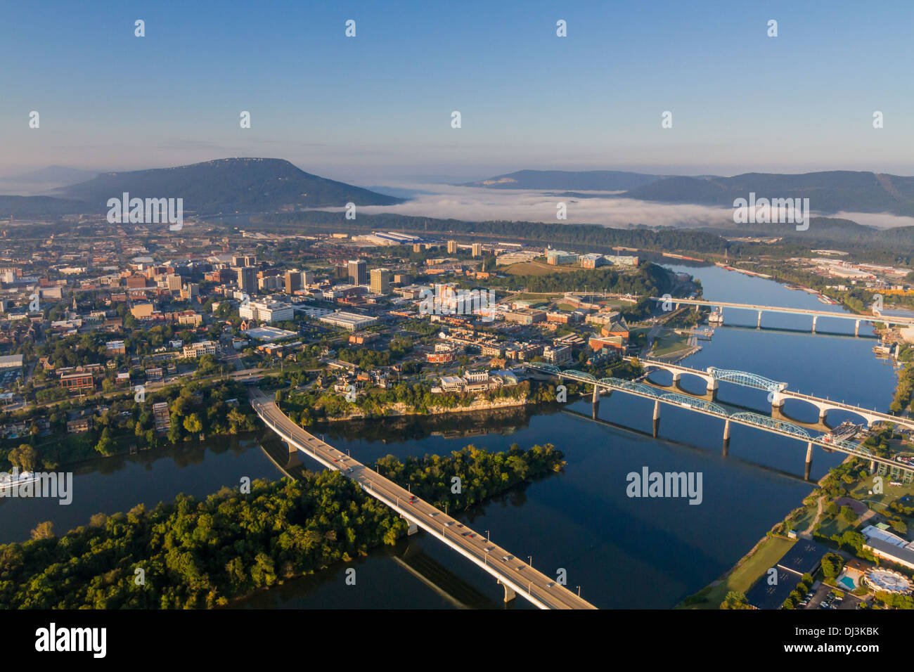 Aerial view of the river front in Chattanooga, including the four ...