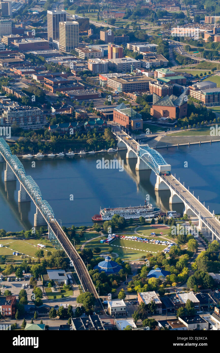 Aerial view of the river front in Chattanooga, including the four ...