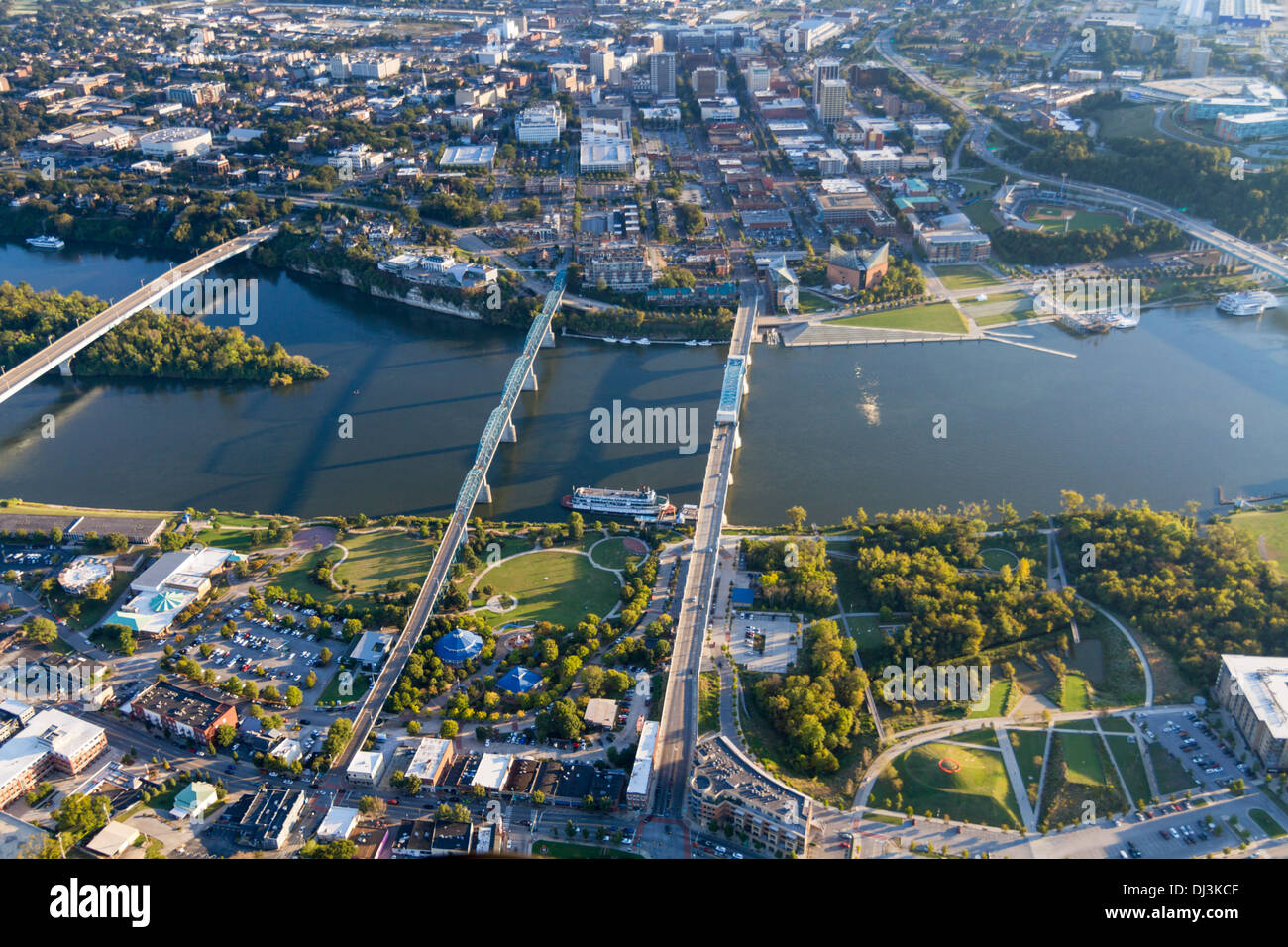 Aerial view of the river front in Chattanooga, including the four ...