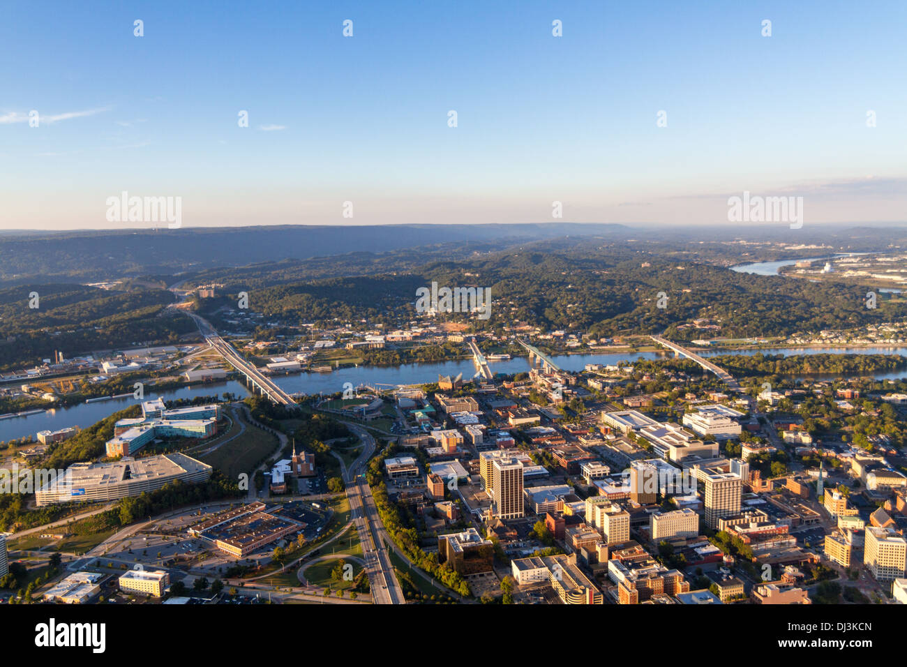 Aerial view of the river front in Chattanooga, including the four ...