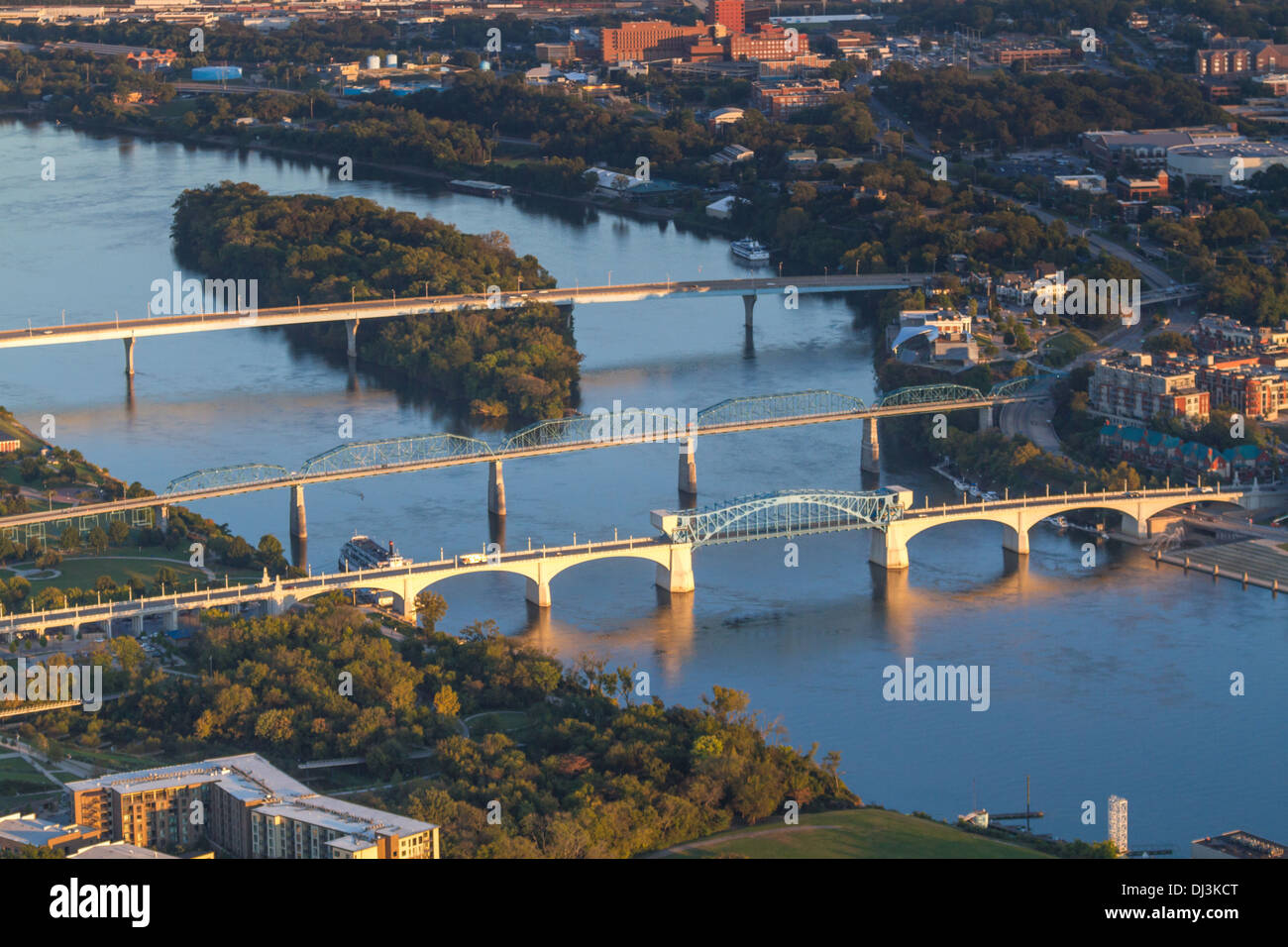 Aerial view of the river front in Chattanooga, including the four ...