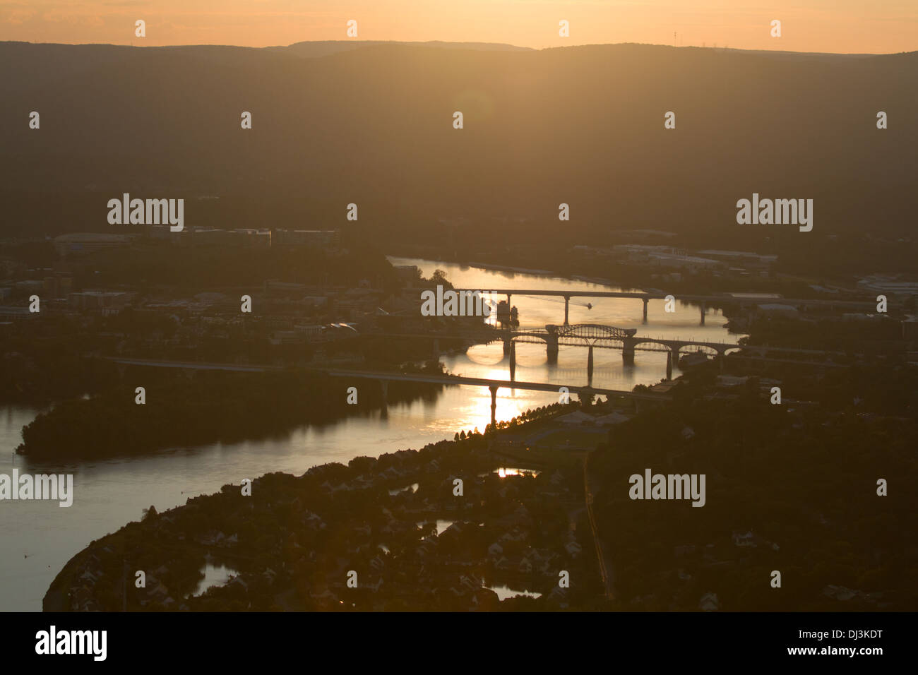Tennessee River, winding through downtown Chattanooga, reflecting the ...