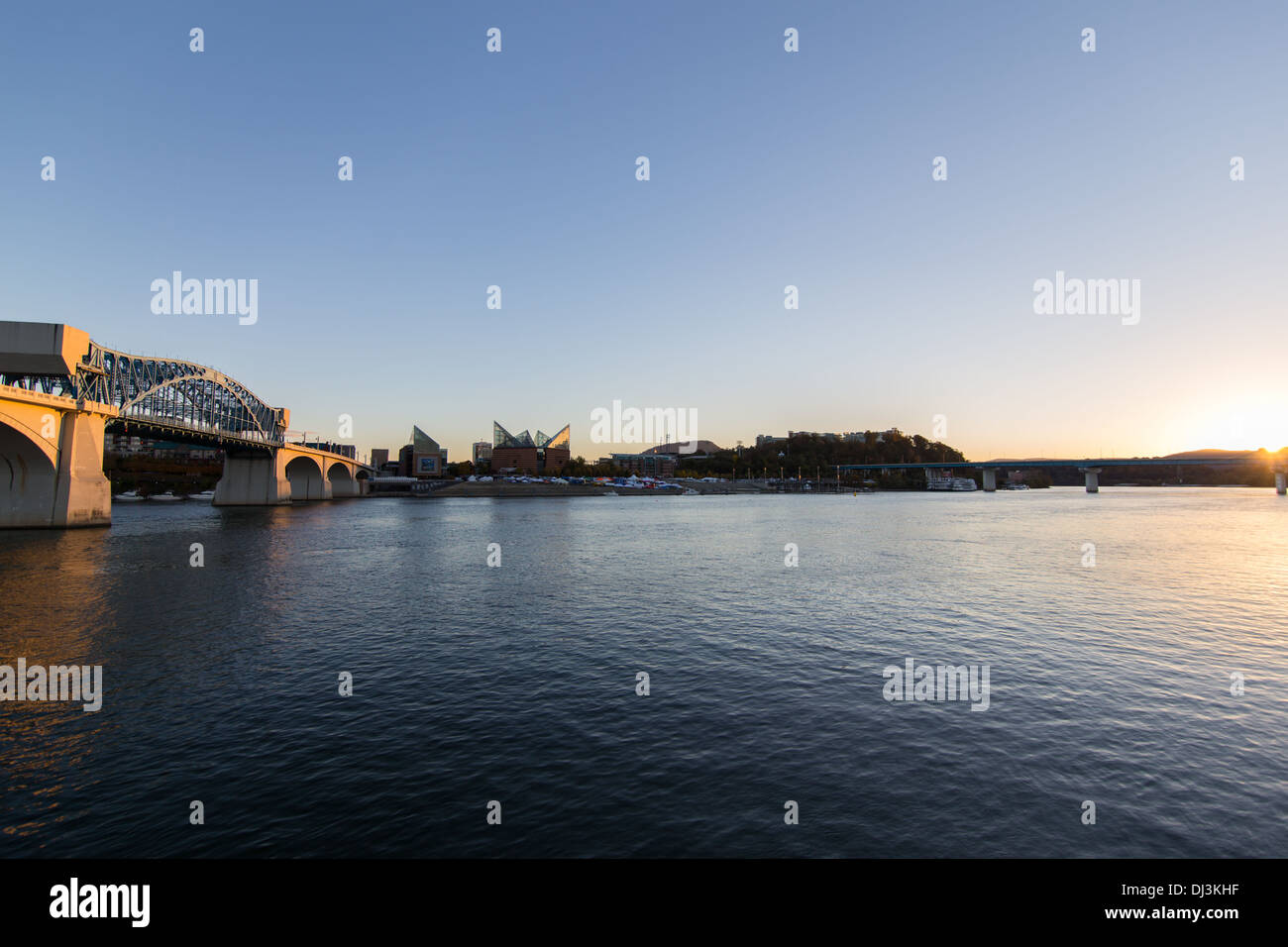 Chattanooga at sunset, looking across the Tennessee River, including ...