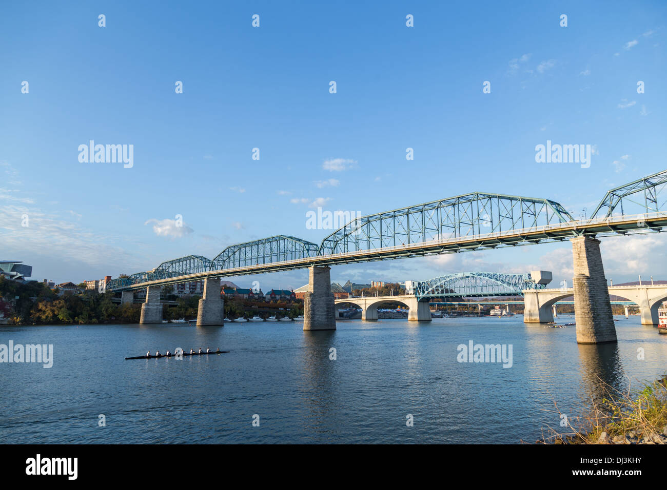 Rowers row up the Tennessee River in Chattanooga Tennessee during the ...