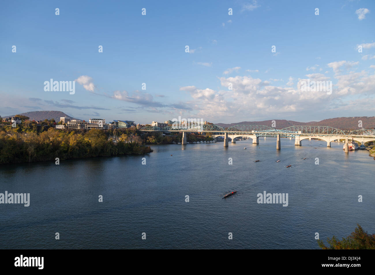Rowers row up the Tennessee River in Chattanooga Tennessee during the ...