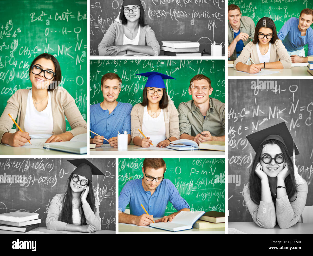 Collage of smart students on background of blackboard with formula ...