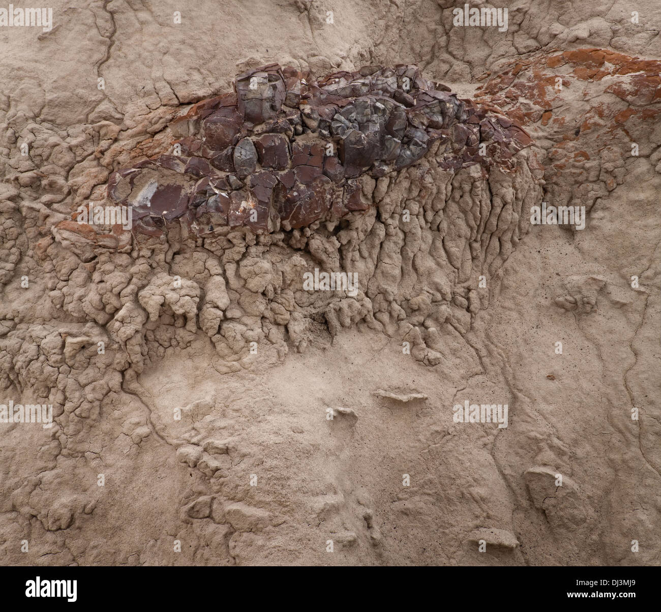 Volcanic rock protruding from soft mudstone formations. Bisti/De-Na-Zin ...