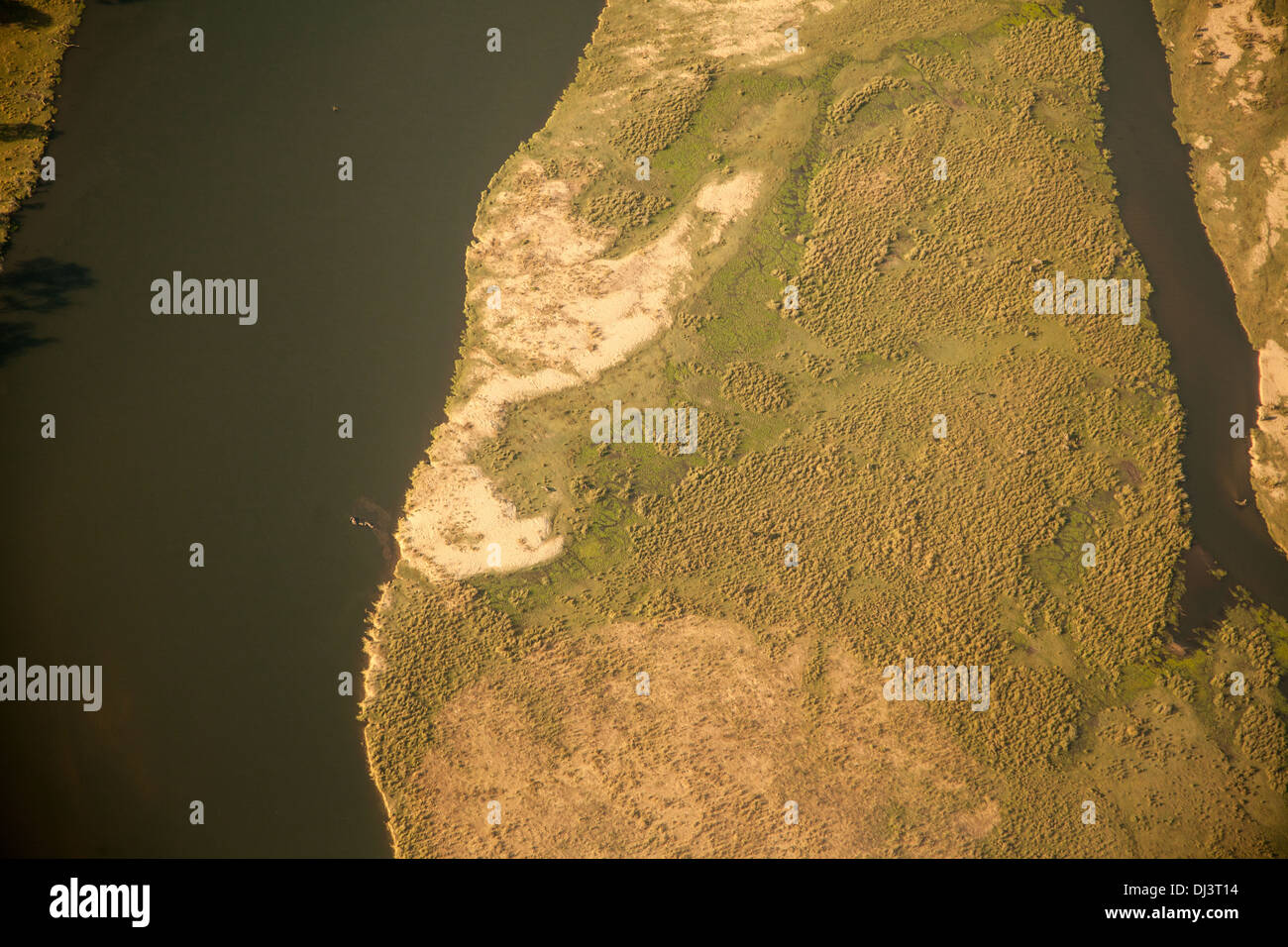 Aerial over the Zambezi river in the Lower Zambezi National Park ...