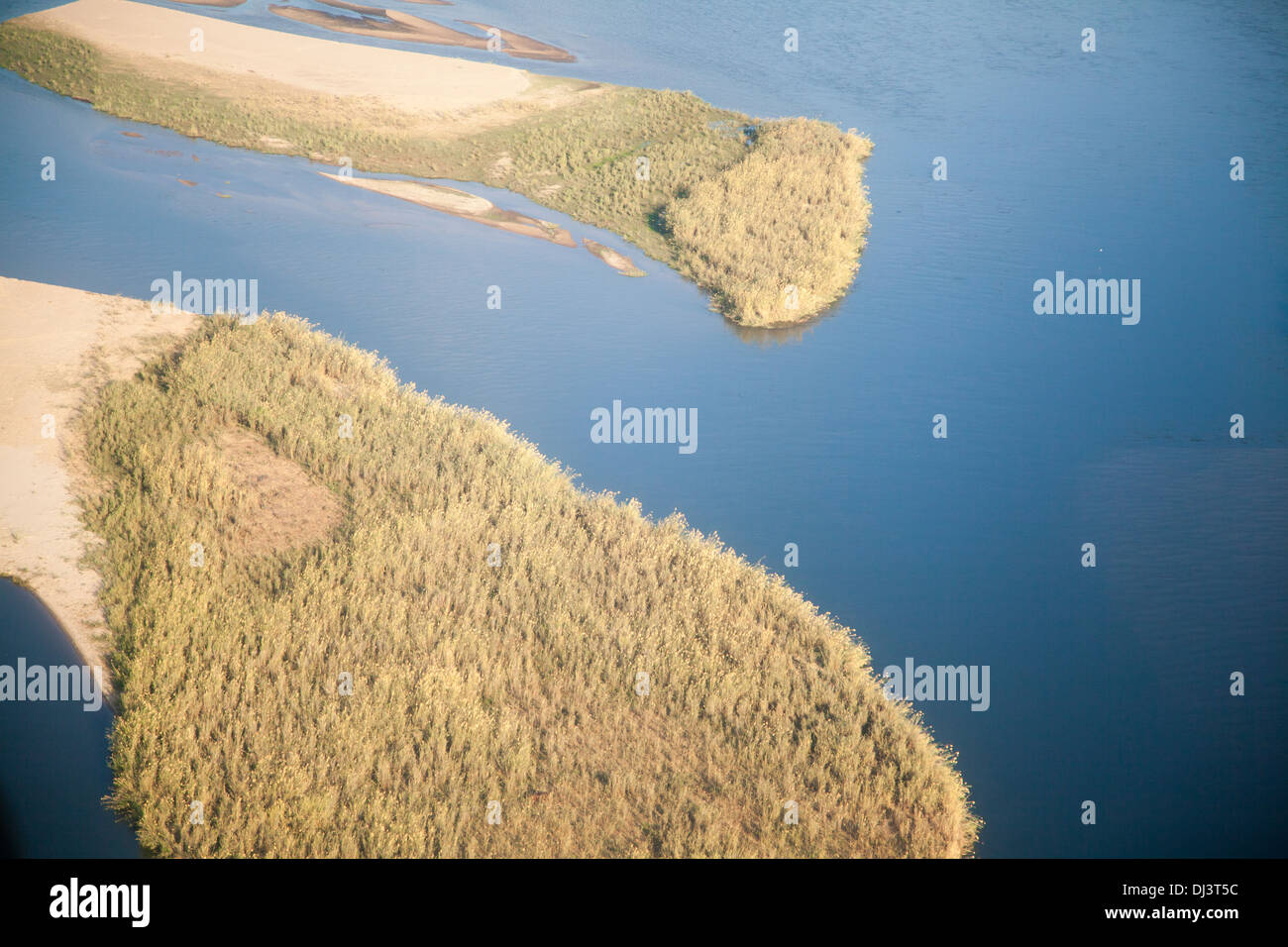 Aerial over the Zambezi river in the Lower Zambezi National Park ...