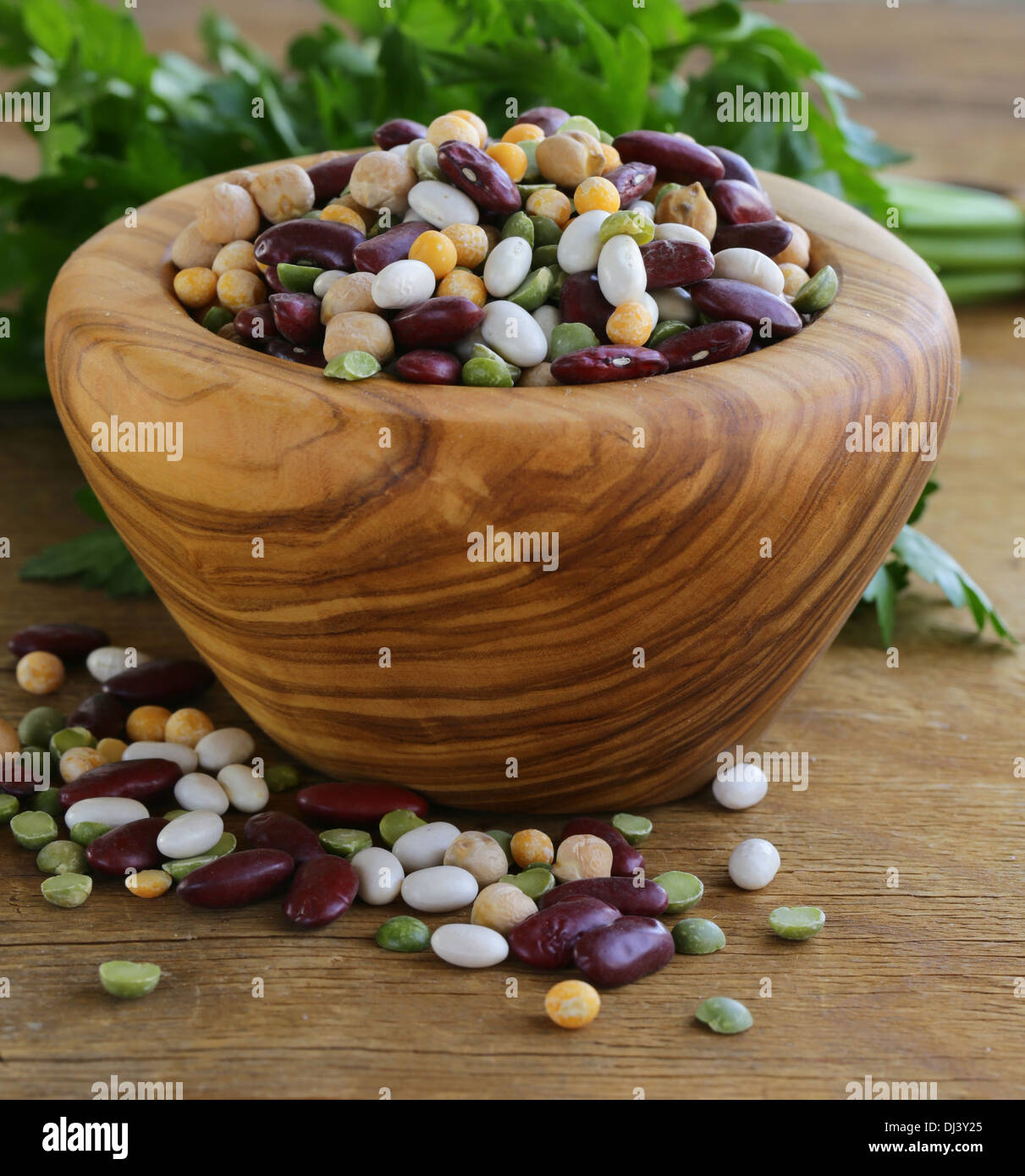 Assortment of different types of beans - red beans, chickpeas, peas ...