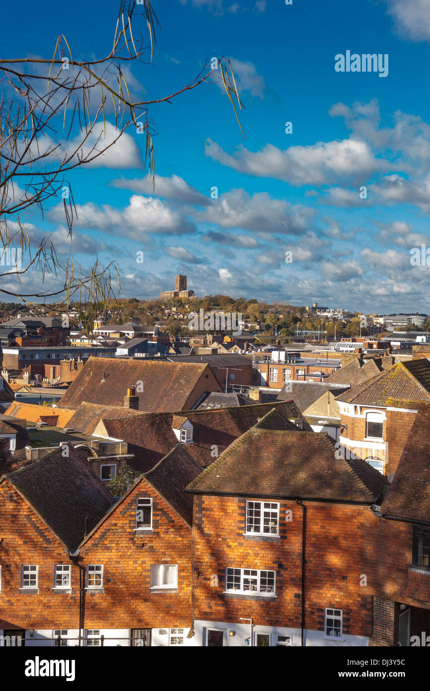 The roof tops of Guildford with the cathedral on the horizon, viewed ...