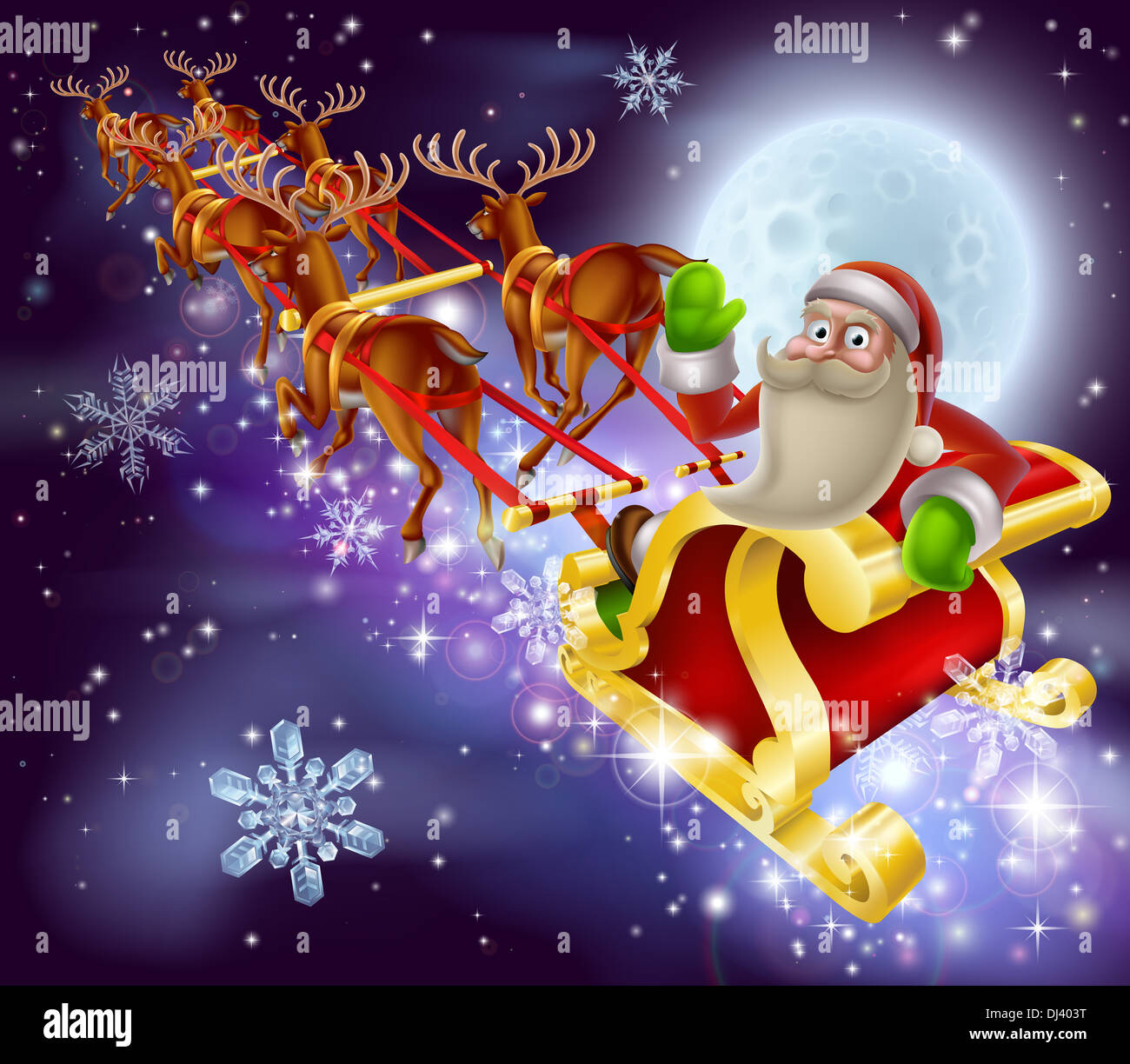 Santa Claus Sleigh Christmas Scene Of Santa Flying On His Sled Being
