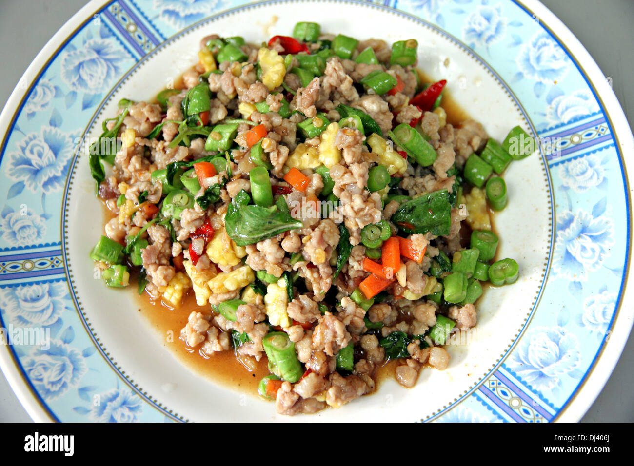 Basil Pork is pork mixing with pepper and basil, Local food in Thailand ...