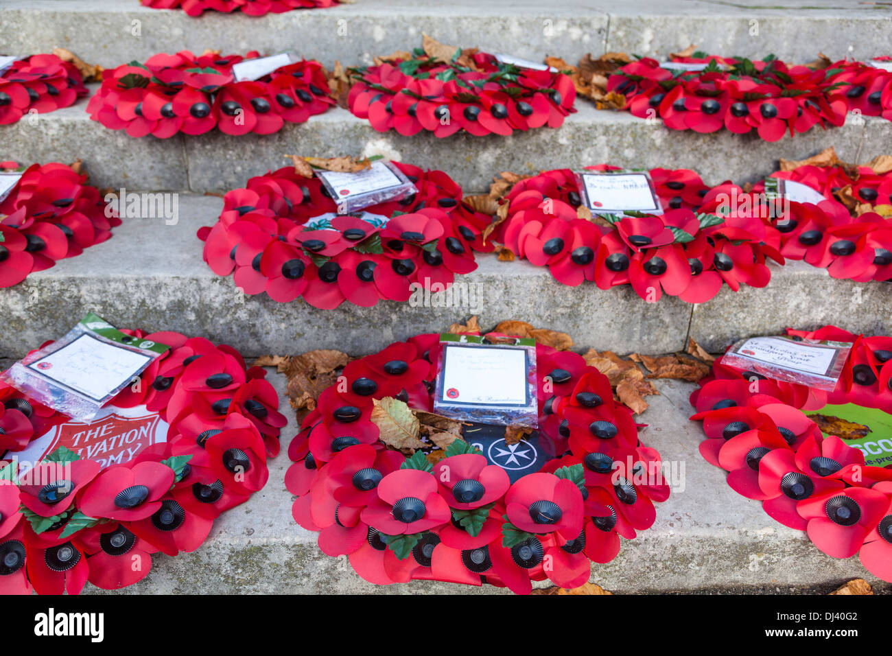 Remembrance Day poppies and wreathes laid on steps by a war memorial ...