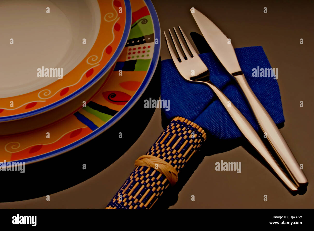 Dinner Place Setting on black background Stock Photo - Alamy