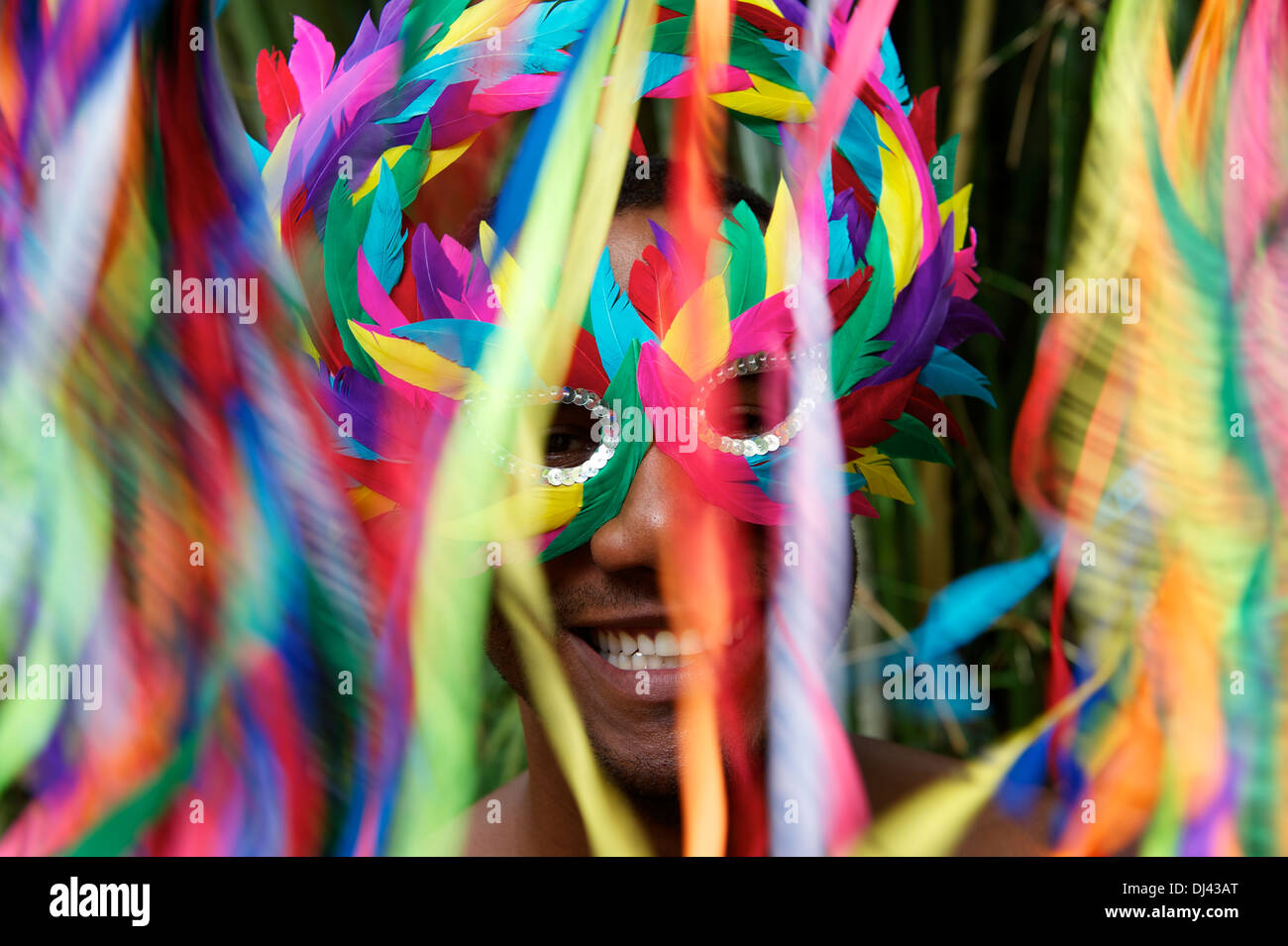 Rio Carnival scene features smiling Brazilian man in colorful mask with ...