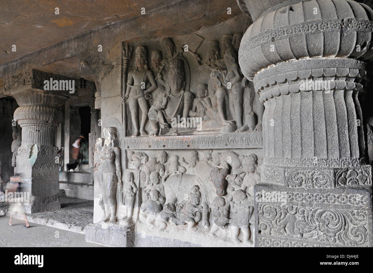 Cave 21 : Hall view with Siva Parvati playing chausar or dice. Ellora ...