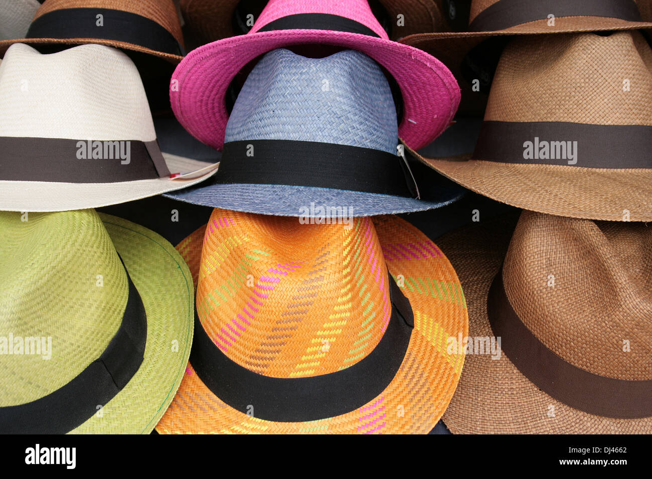 Colored handmade Panama Hats for sale at the outdoor craft market in ...