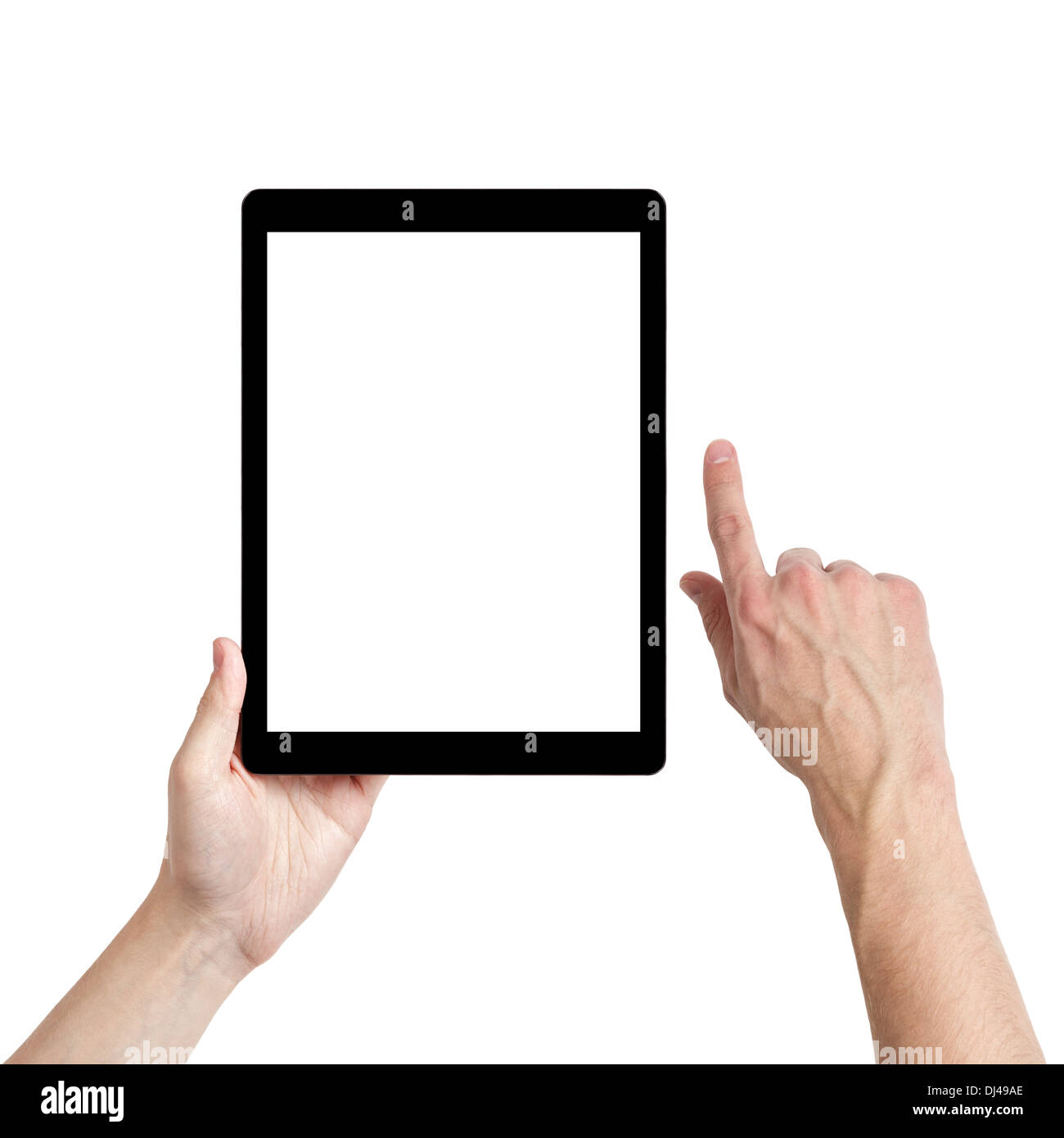 adult man hands using tablet pc with white screen, isolated Stock Photo ...