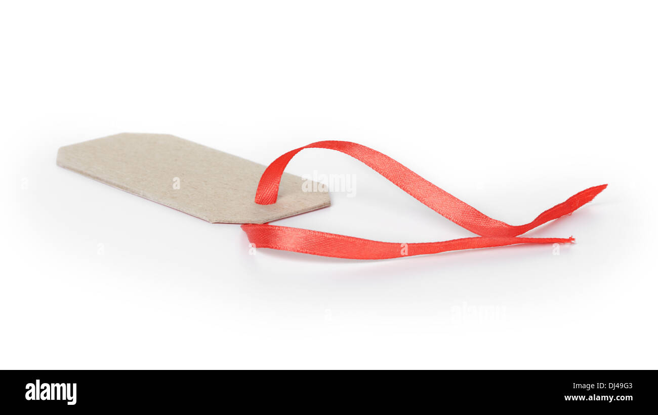 empty tag with ribbon with space for writing something, on white ...